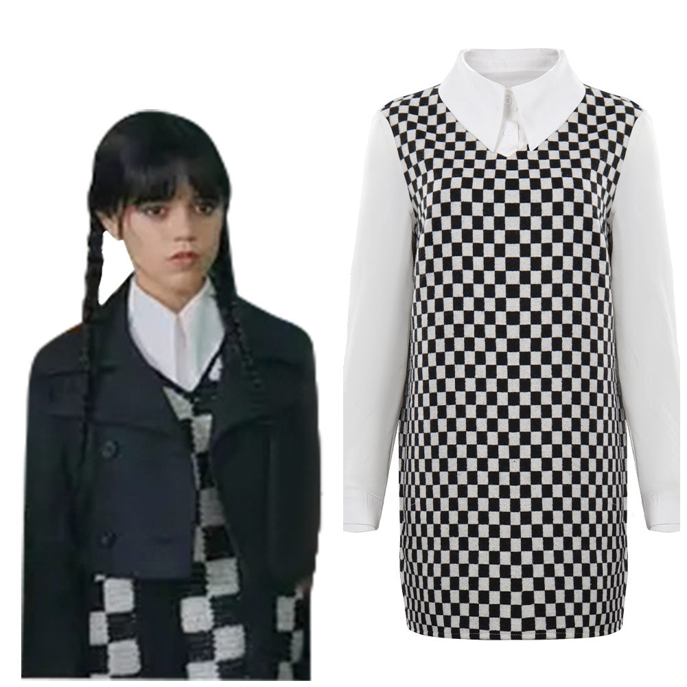 Wednesday Addams Wednesday Cosplay Costume Black-and-white Grid Dress ...